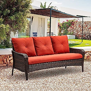 HUMMUH Patio Wicker Sofa,3-Seater Outdoor Couch Porch High Back and Deep Seat Sofa Furniture for Backyard, Deck, Poolside （Brown Red）