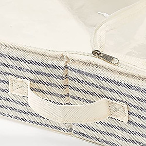 mDesign Soft Fabric Under Bed Storage Organizer Holder Bag for Clothing, Accessories, Linen - Easy-View Top Panel, Attached 2-Way Zippered Lid, Side Handles - 2 Pack - Natural/Cobalt Blue