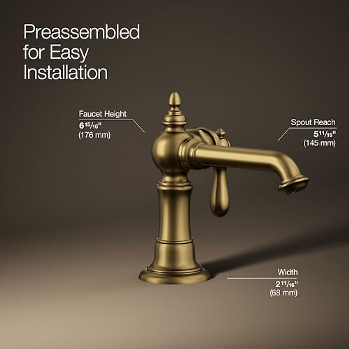Kohler K-72762-9M-2MB Artifacts Single Handle Bathroom Sink Faucet, 1.2 GPM, Vibrant Moderne Brushed Brass