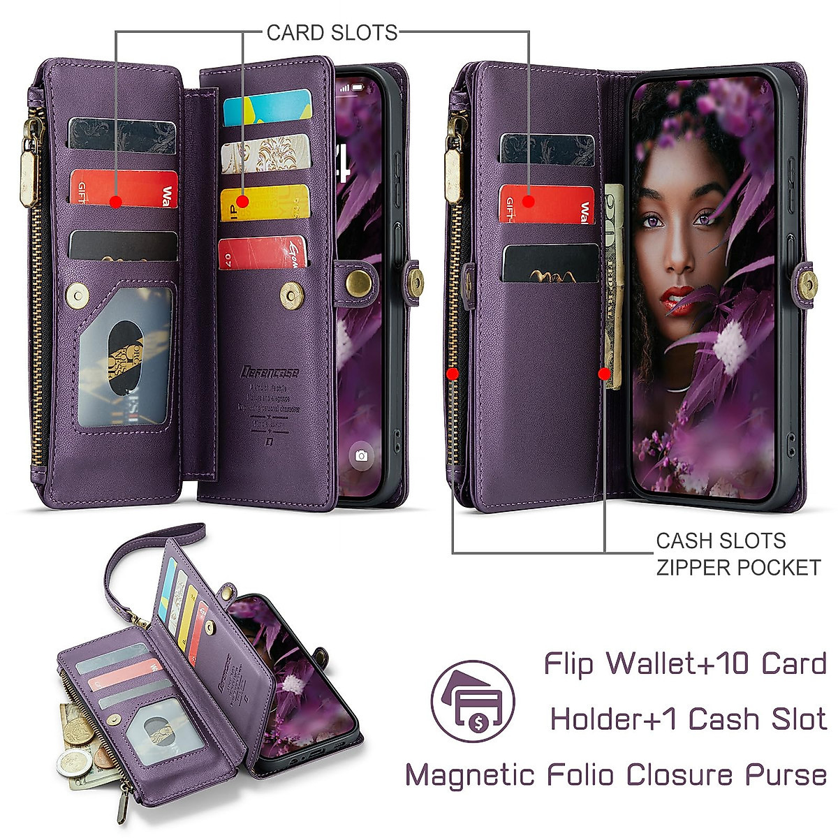 Defencase Compatible with Galaxy A14 5G Case Wallet with RFID Blocking Card Holder for Women Men, PU Leather Magnetic Snap Flip Zipper Strap Wallet Phone Case Fit for Samsung Galaxy A14 5G, Purple