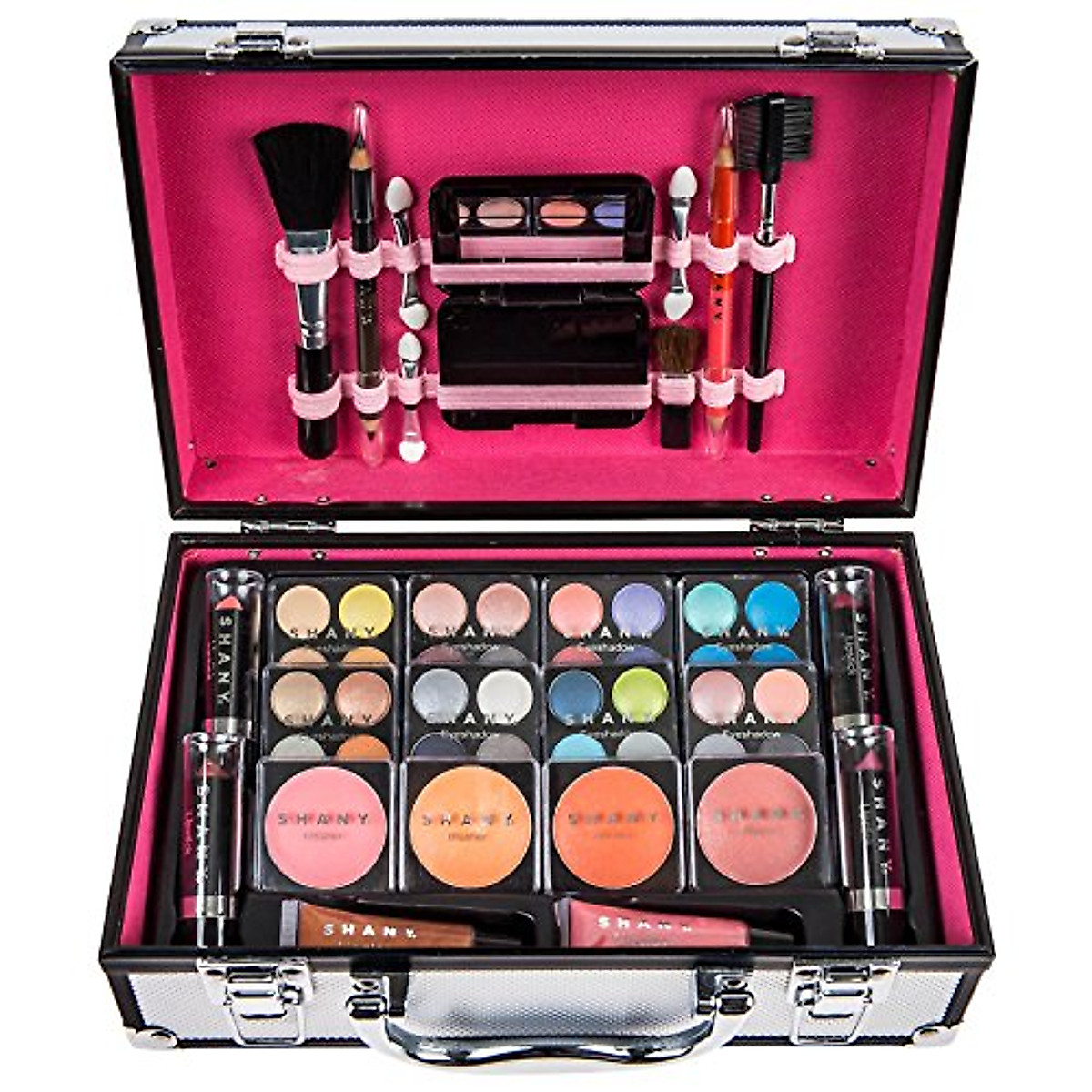 SHANY Carry All Makeup Train Case with Pro Teen Makeup Set, Makeup Brushes, Lipsticks, Eye Shadows, Blushes, and more - Silver