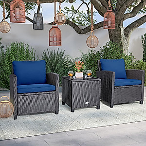 Tangkula 3 Pieces Patio Furniture Set, PE Rattan Wicker 3 Pcs Outdoor Sofa Set w/Washable Cushion and Tempered Glass Tabletop, Conversation Furniture for Garden Poolside Balcony (Beige/Navy)