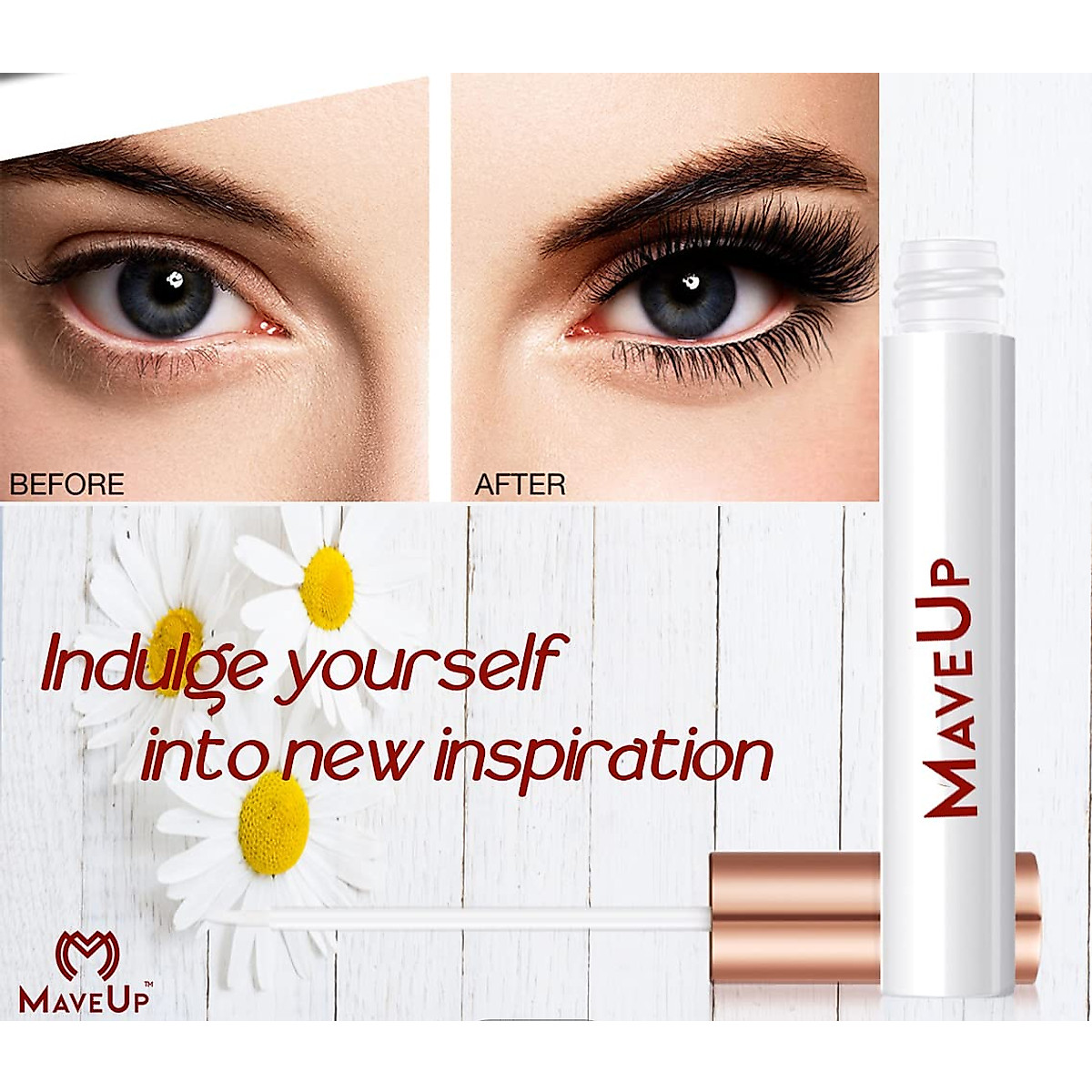 MaveUp Eyelash Growth Serum Booster. Enhanced Length. Works Like Magic. Fuller Lashes & Mesmerizing Look. Nourishing. Thicker. Longer. Your Secret to Gorgeous Eyes. Alluring. Must Have.
