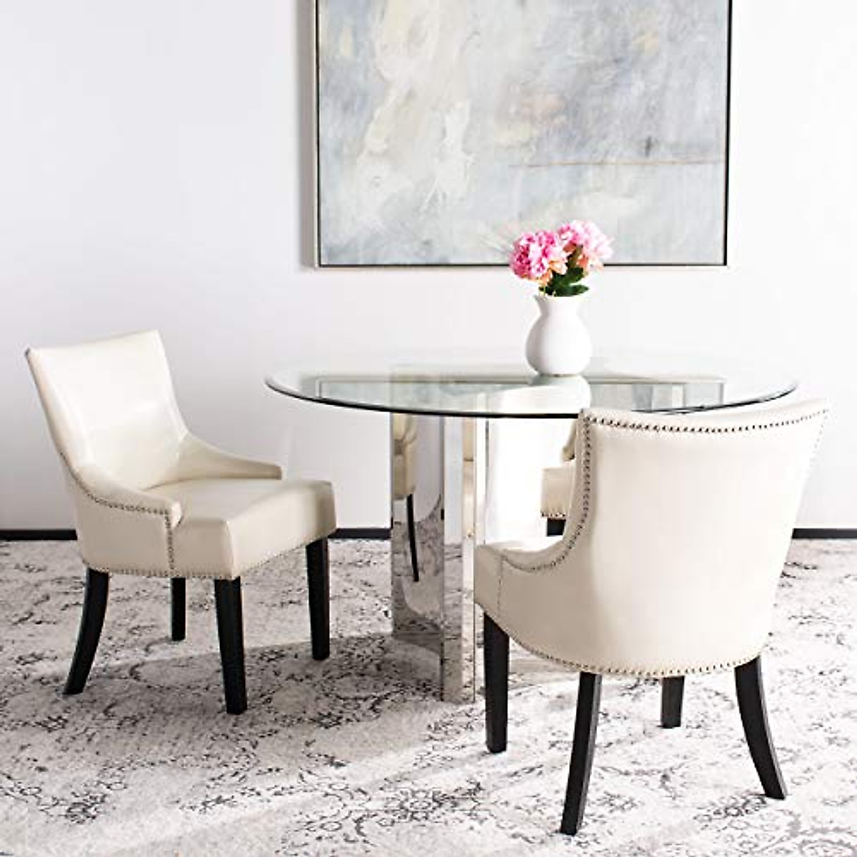Safavieh Mercer Collection Christine Cream Leather Nailhead Dining Chair, Set of 2