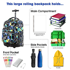 J World New York Sunrise Kids Rolling Backpack for Girls Boys Teen. Roller Bookbag with Wheels, Cubes, 18"