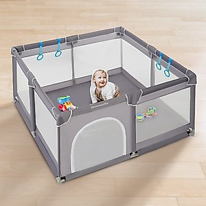 Baby Playpen with Mat 71 x 59 inch Baby Playpen for Babies and Toddlers, Extra Large Baby Playyard for Indoor & Outdoor Activity, with Soft Breathable Mat & 4 Pull Rings for Kids Center (Gray)