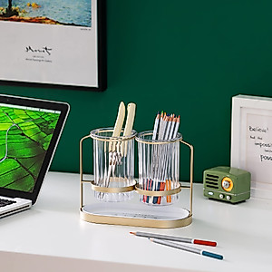 Kitchen Utensil Holder for Countertop 2 Clear White Cups with Gold Iron Frame Cooking Utensil Crock Chic Modern Cutlery Caddy Practical Utensil Pot for Counter for Fork Spoon Knife Flatware Silverware