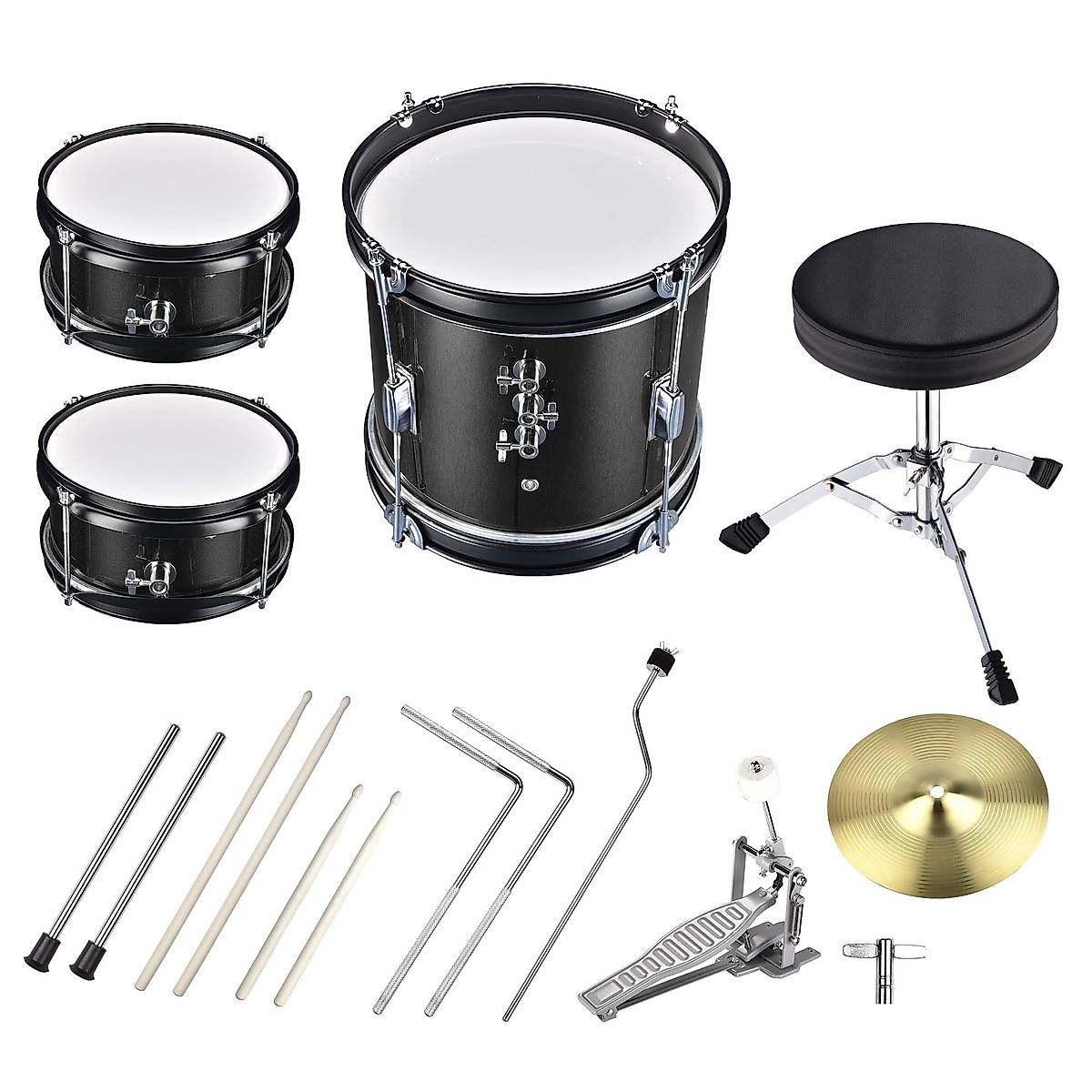 Drum Set 3-Piece Beginner Drum Set Junior Drum Set, Throne Stool, Drum Sticks, Bass Drum Pedal, Black