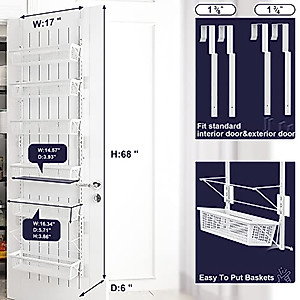 Over the Door Organizer, Adjustable Over Pantry Door Storage with 6 Deep Basket Hanging Over Door Spice Rack Closet Cabinet Door Shelf Organizer for Kitchen Bathroom, Wall Mountable, Modularized Use