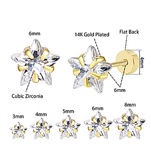 DAILI 5 Pairs Cubic Zirconia Earrings Studs: Gold Flat Back Stud Earrings for Women Hypoallergenic Surgical Stainless Steel Star CZ Stud Earrings for Helix Cartilage 3-8mm