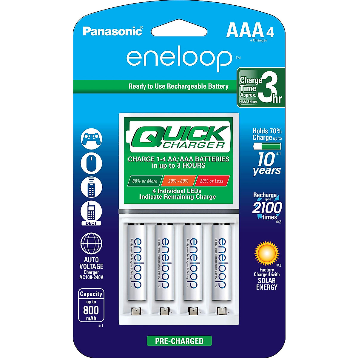 Eneloop Panasonic Rechargeable Battery Bundle with Advanced Individual 3 Hour Quick Charger (4 AAA Batteries) + 12 AAA Batteries Pack