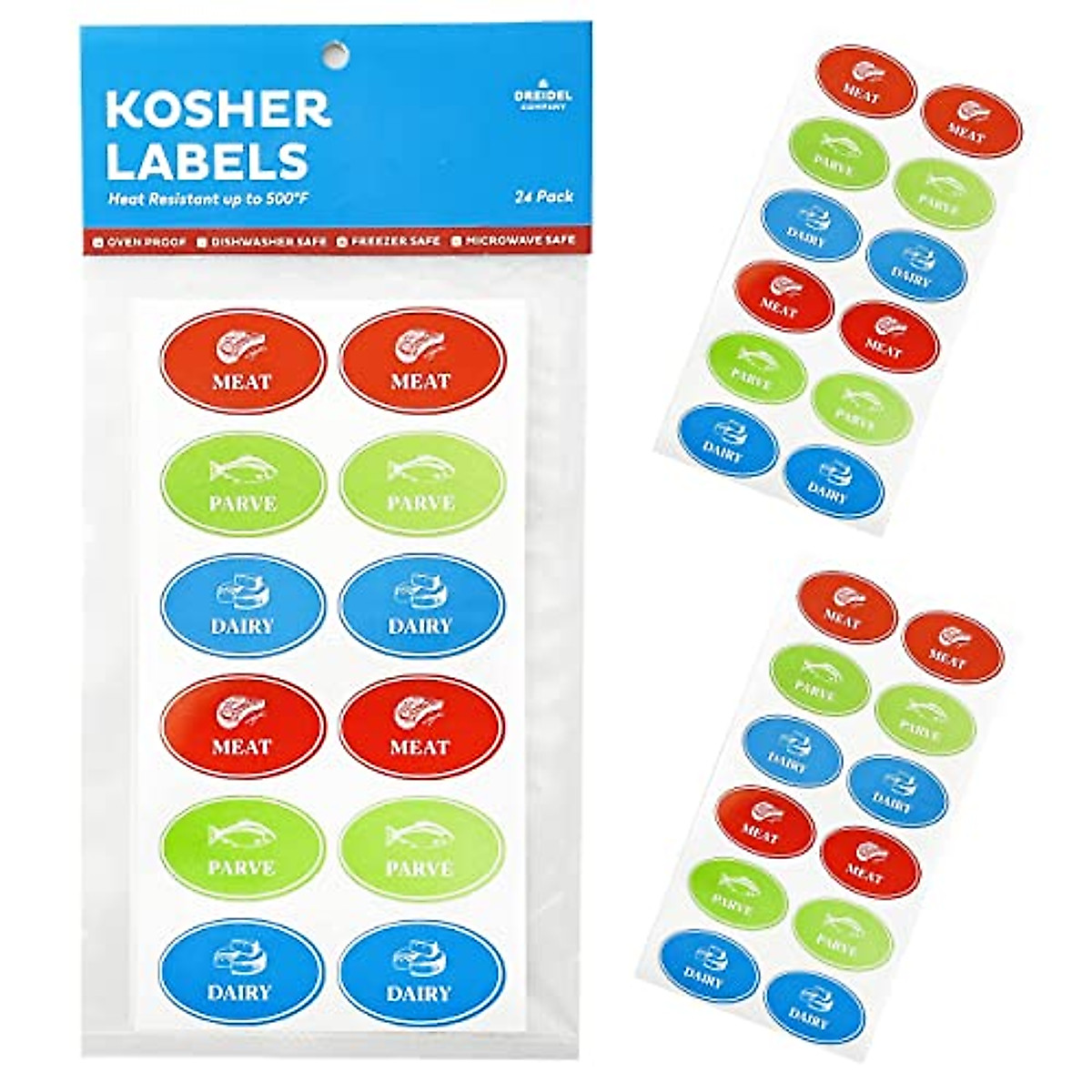 The Dreidel Company 24 Assorted Kosher Labels, 8 Blue Dairy, 8 Red Meat, 8 Green Stickers, Oven Proof up to 500°, Freezable, Microwavable, Dishwasher, English, Coded Kosher Kitchen Tools (24-Pack)