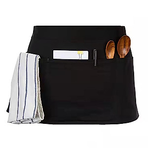 Lchkrep Waist Apron with 3 Pockets - Black Waitress Waiter Short Aprons, Water Resistant Added Long Waist Strap Reinforced Seams Half Apron for Women Men (1 PACK)