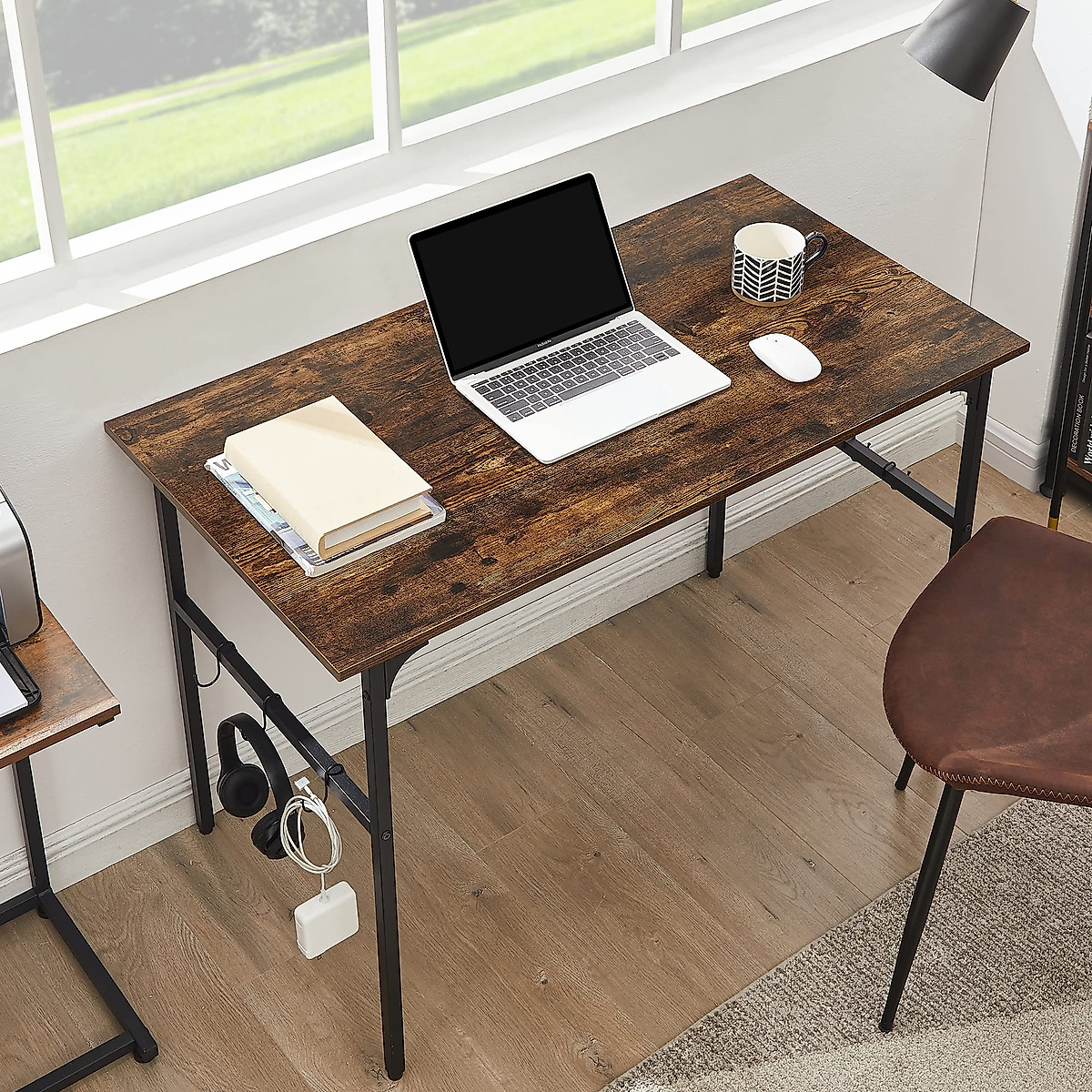 VECELO 44" Computer Writing Desk for Home Office, Study Table Workstation for Small Spaces with 6 Hooks & Adjustable Legs, Metal Frame,Brown, 44Inches