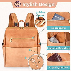 MOMINSIDE Diaper Bag Backpack, Baby Bag Leather with 16 Pockets, Large Baby Diaper bag for Mom, Fits 15 Inch Laptop, 4 Insulated Pockets, Changing Pad, Brown