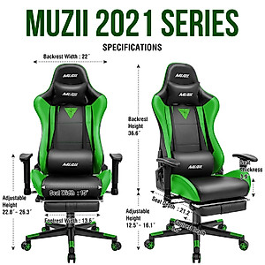 MUZII Gaming Chair with Footrest, High-Back PU Leather Office Chair with Headrest and Adjustable Lumbar Support,Ergonomic Computer Swivel Chair for Teens and Adults-Green（001）