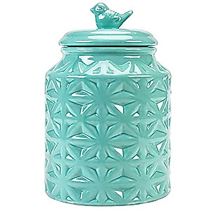 MyGift Vintage Turquoise Ceramic Kitchen Jar with Lid, Cookie Jar Storage Containers Airtight with Embossed Star and Bird Design