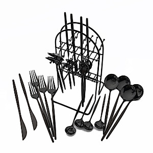 Uniturcky 24 Piece Hanging Flatware Set, Stainless Steel Family Kitchen Utensil Set with Rack, Cutlery set for 6 with Holder, Silverware Sets with Holder, Hanging flatware set, Mirror Polished(Black)