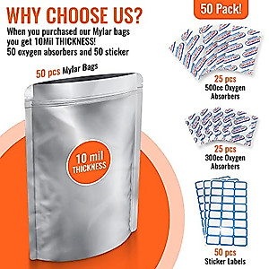 50 Mylar Bags for Food Storage with Oxygen Absorbers - 25 1 Gallon 10''x14'' - 25 1 Quarts 6''x9''- 25 500CC 25 300CC Oxygen Absorbers - 10 Mil Super Thick - Long Term Storage Vacuum Seal Ziploc