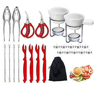 Reasmi Crab Crackers and Tools Set with 2 Crab Leg Cracker,2 Butter Warmer for Seafood,4 Crab Leg Forks,4 Lobster Shellers,2 Seafood Scissors,10 Tealight Candles,1 Bag,seafood crackers and tool(25pcs)