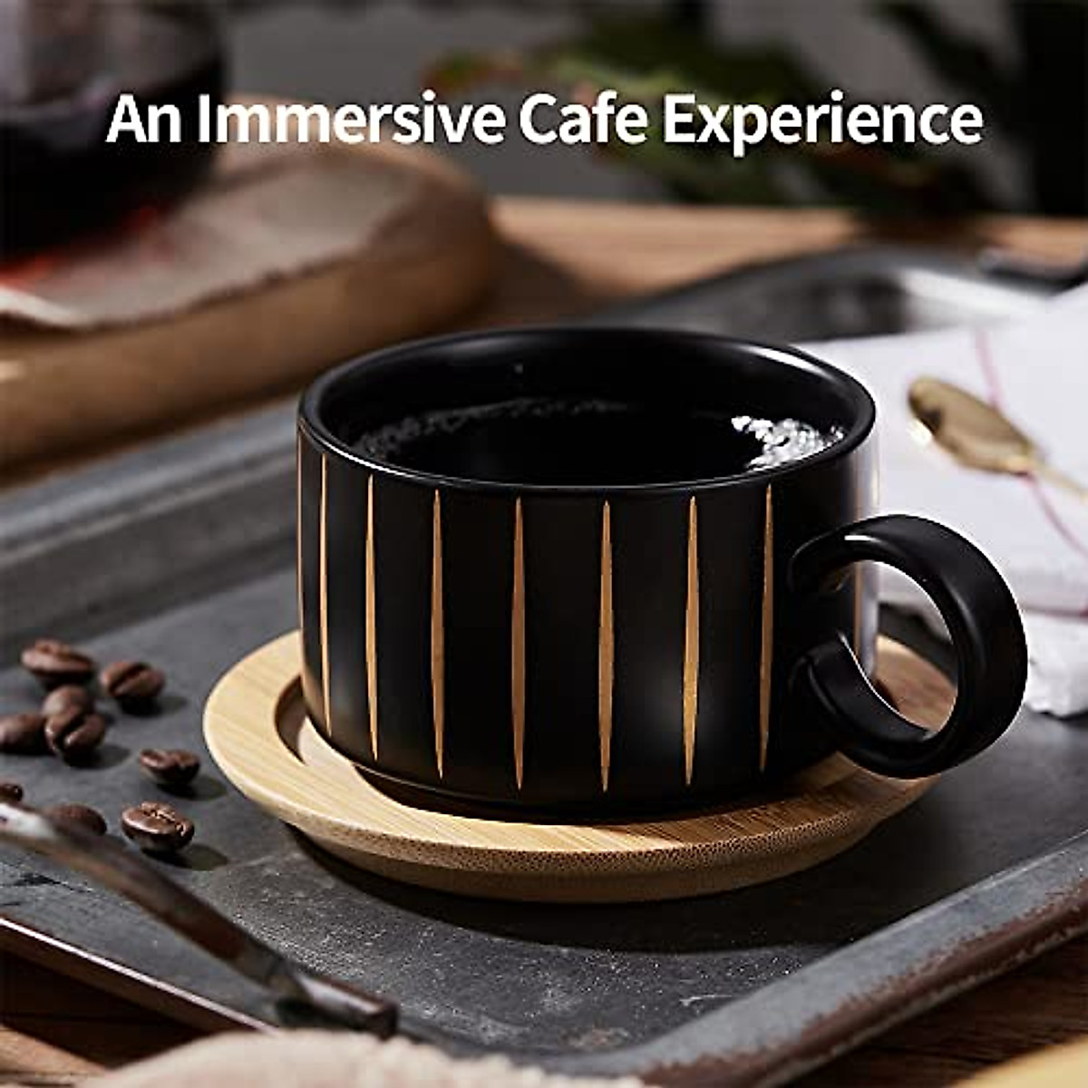 LUKA Porcelain Espresso Cup with Saucer and Metal Stand, 6 Ounce Stackable Ceramic Demitasse Espresso Mugs Cappuccino Cups Set for Latte,Coffee,Cafe Mocha,Tea(Set of 4)