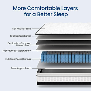 Maxzzz 14 inch Queen Hybrid Mattress in a Box, Cooling Gel Infused Memory Foam and Pocket Spring Mattress, Medium Firm, 60x80 inches