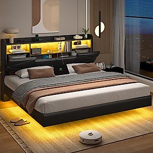 BTHFST Floating King Bed Frame with Storage Headboard & Charging Station, RGB LED Floating Platform Bed, Solid Wood Slats Support, No Box Spring Needed, PU Black