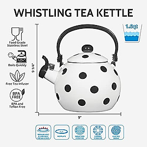Whistling Tea Kettle for Stove Top Enamel on Steel Teakettle, Supreme Housewares Polka Dot Design Teapot Water Kettle Cute Kitchen Accessories Teteras (1.6 Quart, Polka Dot)