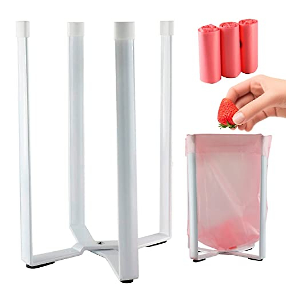 Multifunctional White Eco Kitchen Stand Holder and Drainer, Stand Support Storage Rack Plastic Bag Dispenser for Plastic Bags, Bottles, and Cups (50 Plastic Bags Included)