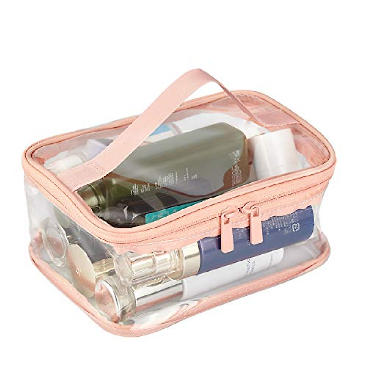 HAOGUAGUA Tsa Approved Clear Travel Toiletry Makeup Bags with Zipper and Handle Waterproof Transparent PVC Cosmetic Bag (Medium, Pink)
