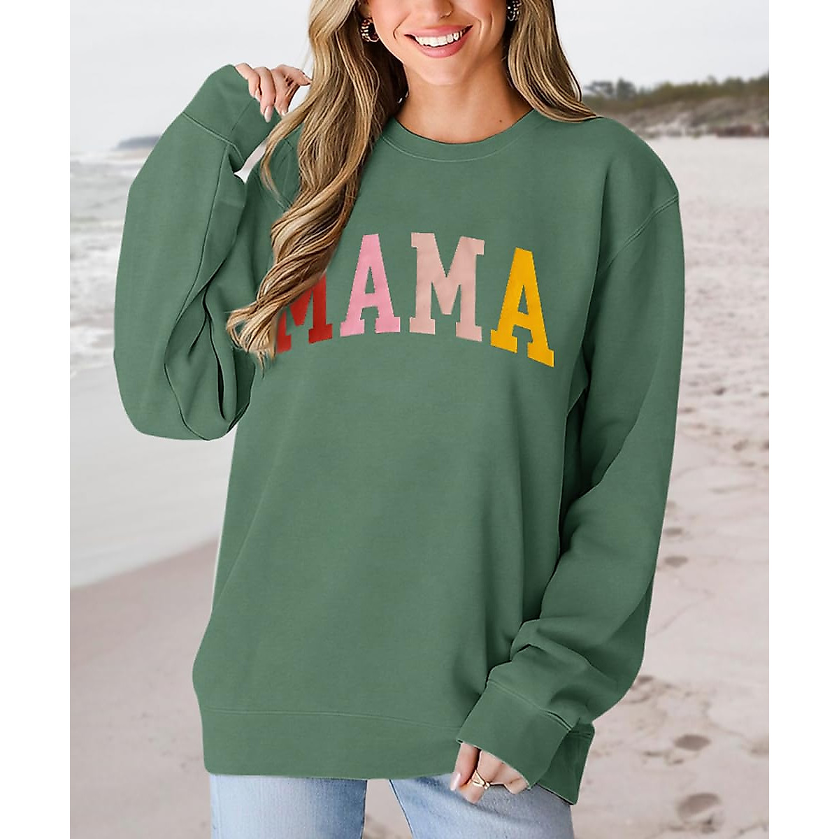 KEKEMI Mama Sweatshirt For Women Crewneck Mama Letter Print Pullover Tops Long Sleeve Mom Life Shirts Casual MAMA Graphic Top（Green-05,Small