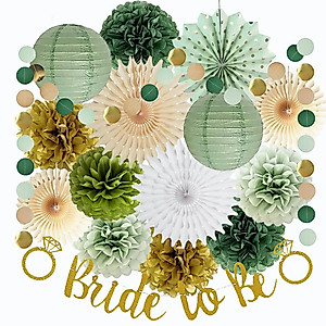 Sage Green Bridal Shower Decorations Bachelorette Party Decorations Bride To Be Banner Olive Sage Green and Gold Paper Pom Poms Wedding Engagement Party Decor