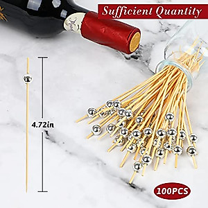 KIMOBER 100PCS Cocktail Picks,Silver Pearl Handmade Bamboo Cocktail Toothpicks for Appetizers Fruit Party,Cocktail Sticks Party Supplies