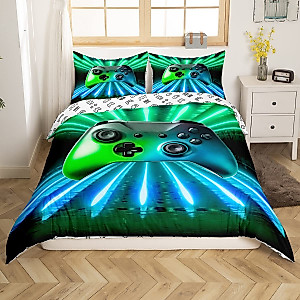 Erosebridal Green Blue Gamepad Bedding Set, Game Player Comforter Cover Full Size Modern Gamer Gaming Duvet Cover Neon Trippy Bedding Set for Kids Boys Girls Teens Young Man Room Decor, Unthick
