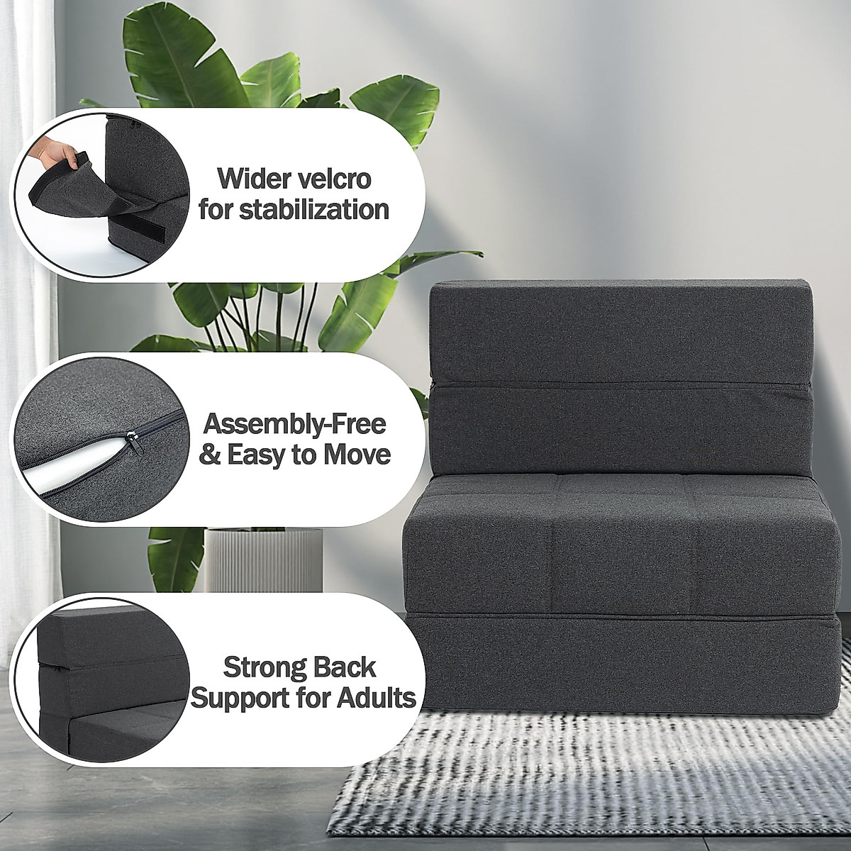 CATMIX Folding Sofa Bed, 7 inch Memory Foam Floor Couch, Convertible Sleeper Foldable Mattress Futon Sofa for Living Room/Home Office/Guest Beds/Apartment/Upstairs Loft, Dark Gray, Single