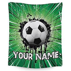 FLEXIMX Personalized Soccer Blanket Gifts for Boys Girls Soccer Team, Sports Throw Blanket for Soccer Lovers Kids Adults Teens, 50x60 Inches Green Flannel Blankets Stuff for Couch Sofa Bed