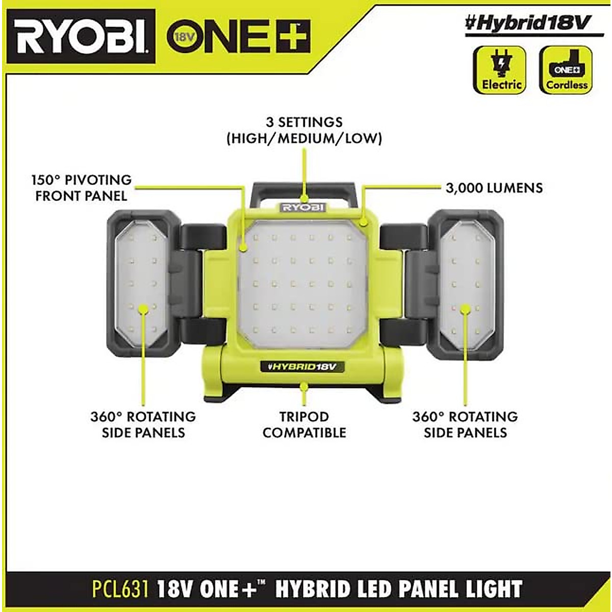 RYOBI ONE+ 18V Cordless Hybrid LED Panel Light (Tool Only) - PCL631B
