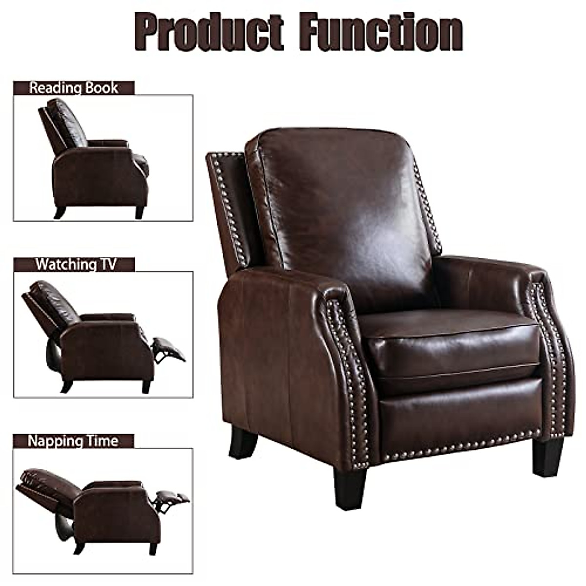 CANMOV Genuine Leather Recliner Chair, Classic and Traditional Push Back Recliner Chair with Solid Wood Legs, Adjustable Single Sofa with Nailhead Trim for Living Room, Bedroom, Brown