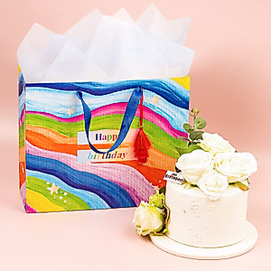 MAYPLUSS 12.5" Large Gift Bag with Tissue Paper for Birthday - Colourful Abstract Stripes