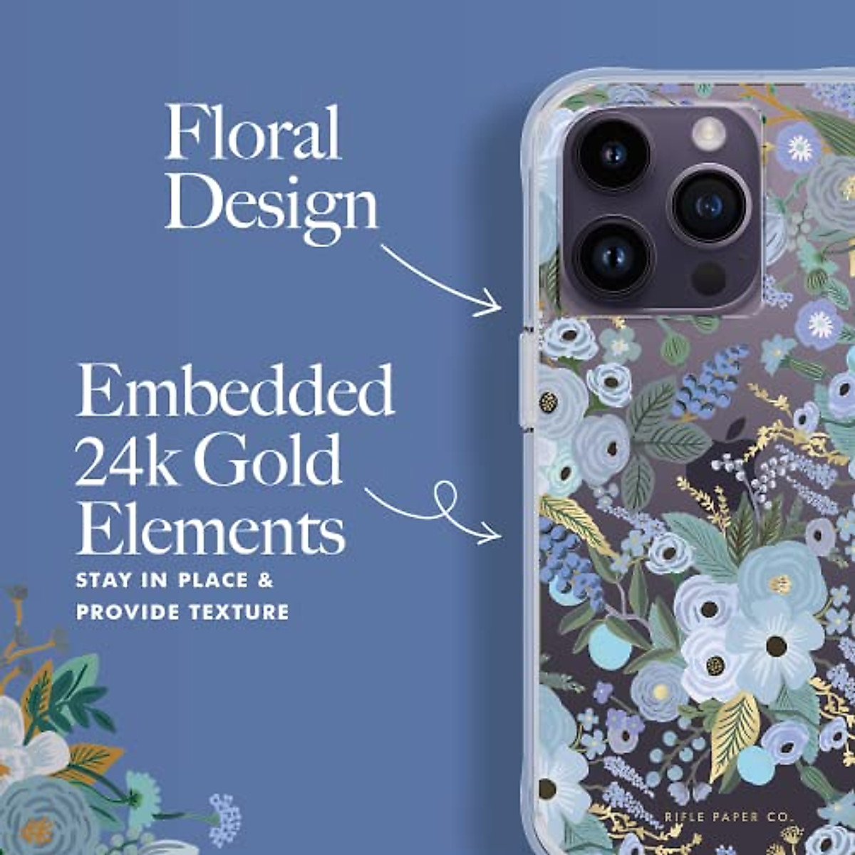 Rifle Paper Co. iPhone 14 Pro Case [Works with Wireless Charger] [10FT Drop Protection] Cute iPhone Case 6.1" with Floral Pattern, Anti-Scratch Tech, Shockproof Material, Slim - Garden Party Blue