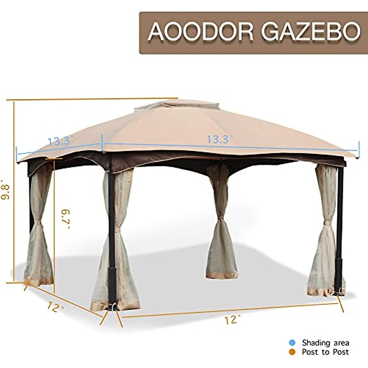 Aoodor Patio Gazebo 12' x 12' Metal Frame with Mesh Netting Canopy Top - Khaki Color