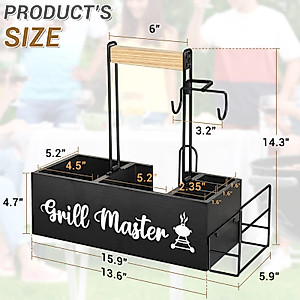 Grill Utensil Caddy, Picnic Condiment Caddy, BBQ and Grill Caddy with Paper Towel Holder & Paper Plate Holder. Grilling Caddy with Wood Handle & 2 Hooks, Multi-use Storage Organizer for Outdoor Grill