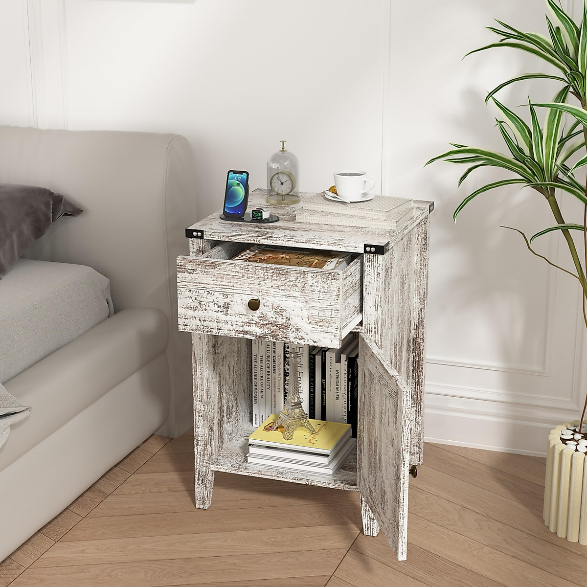 Betterhood Barnwood Rustic Farmhouse Nightstand Set of 2, Side Table with Barn Door and Drawers, Weathered Oak Style End Table for Bedroom, Grey Wash White (no Charging Station, 2)