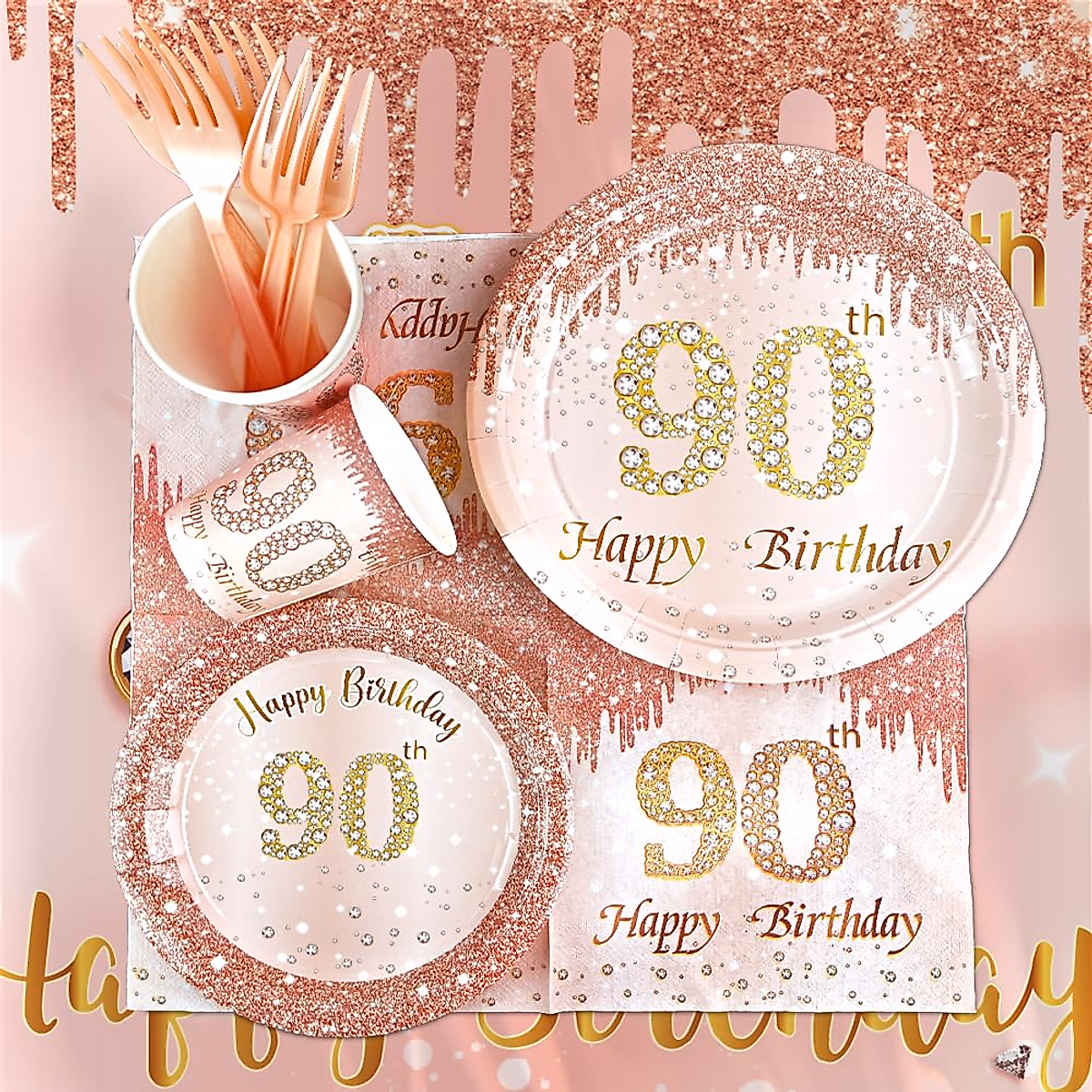 Visgo 90th Birthday Party Supplies for Women - 122 PCS 90th Birthday Decorations for Women, Serve 24 with Safe & Durable 90th Birthday Plates and Napkins -Complete 90th Birthday Party Decorations Set!
