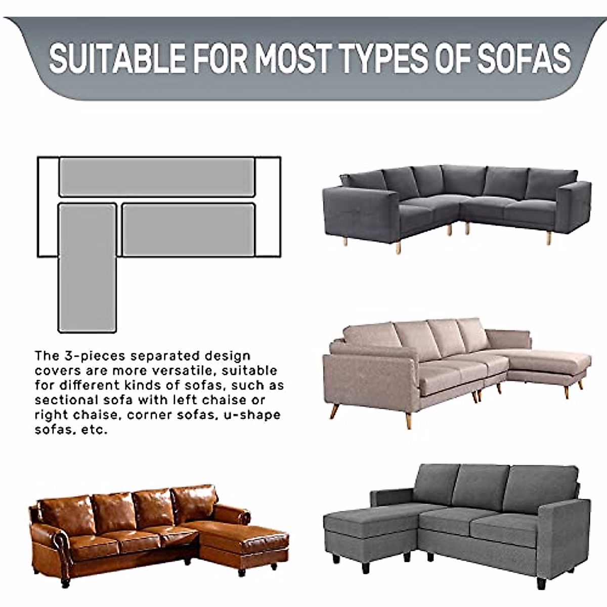 JIABOLANG Double Side L Shape Couch Cover Sectional Sofa Covers Set Chaise Couch Cover Slip Covers for Sofas Couches Sectional Furniture Protector Cover (Medium,Grey)
