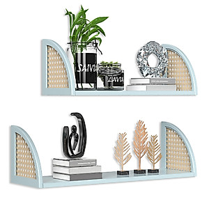 PJCOLL Floating Shelves for Wall,Rattan Wall Mounted Shelves for Wall Decor,Sturdy Wood Bathroom Shelves for Kitchen,Bedroom,Living Room,24.8 * 7.68 inch,Set of 2,Blue