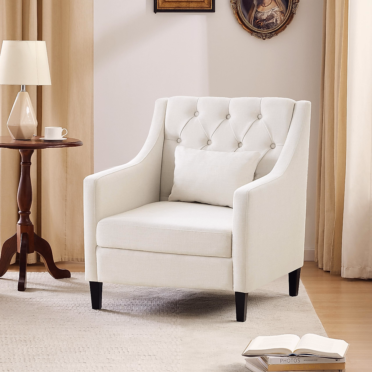 HUIMO Upholstered Living Room Chairs,Accent Chair with Solid Wood Frame,Reading Chair for Bedroom,Tufted Armchair,Mid Century Sofa Chair,Comfy Club Chair for Living Room (Beige)