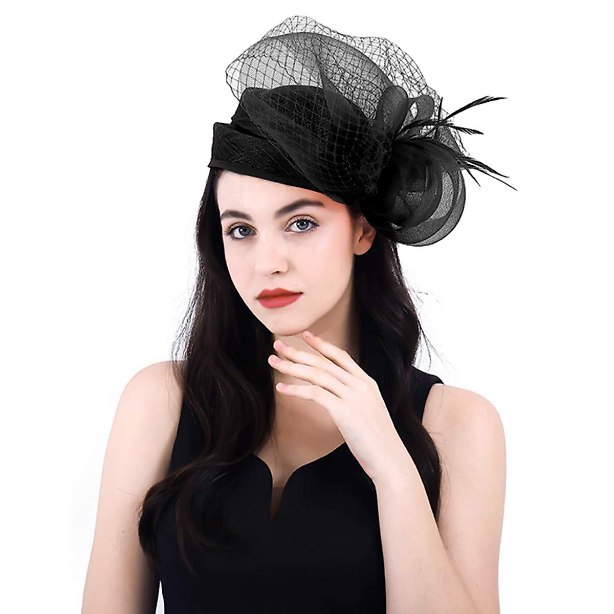Z&X Sinamay Fascinator Pillbox Hats for Women Wedding Tea Party Mesh Flower Church Hat with Clip Black