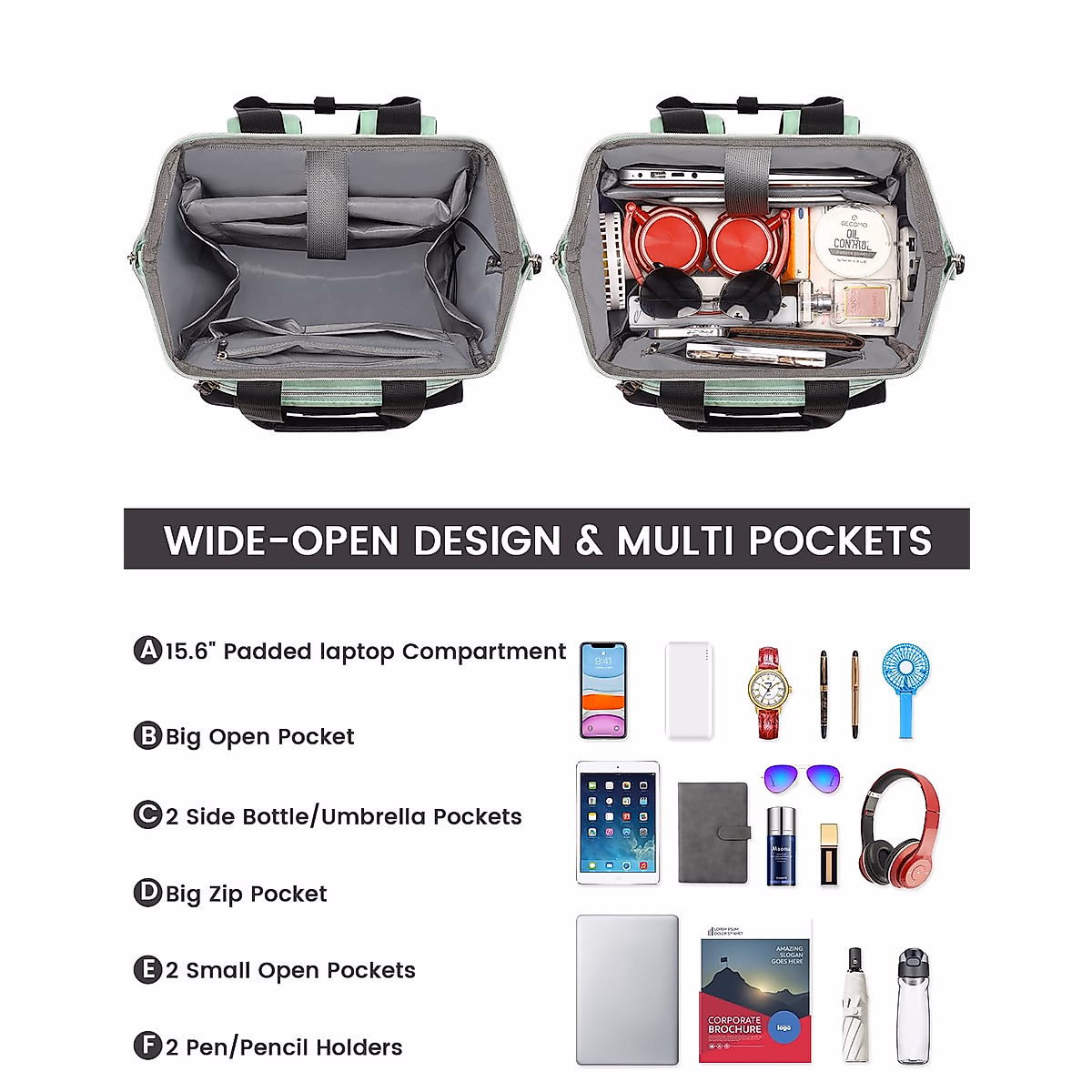 Laptop Backpack for Women, 15.6 Inch Computer Backpack Doctor Teacher Work Purse Bookbag, Wide Top Open College School Water Resistant Travel Casual Shoulder Bag with USB Charging Port RFID Anti Theft