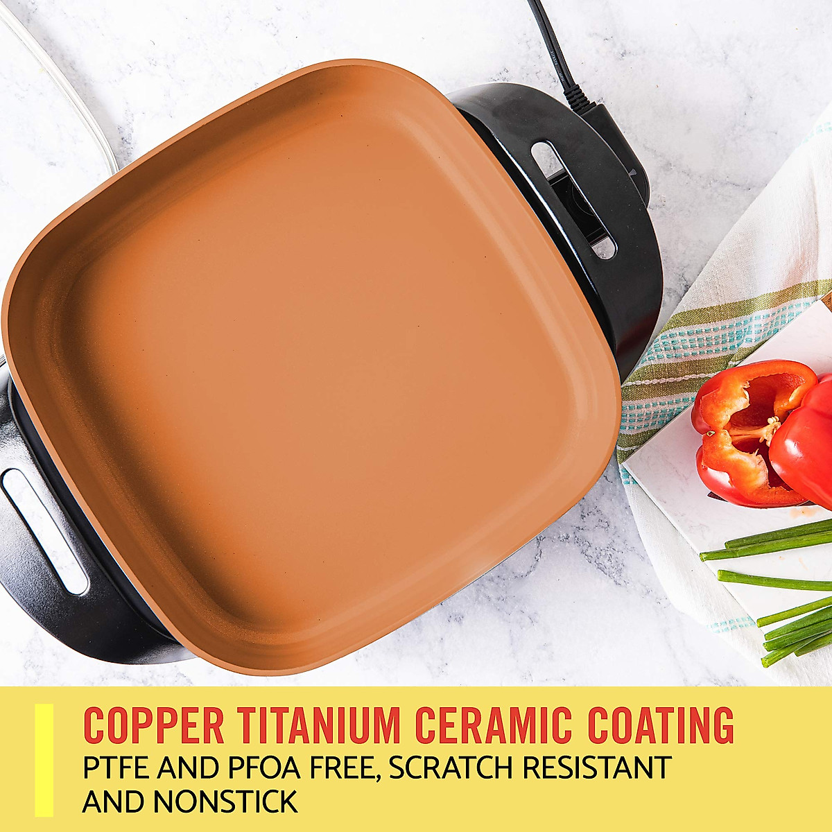 BELLA Electric Skillet, Frying Pan, Griddle and Warming Tray Bundle - Nonstick Copper Titanium Coating, Adjustable Temperature, Dishwasher Safe